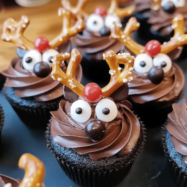 Reindeer Cupcakes with Pretzel Antlers